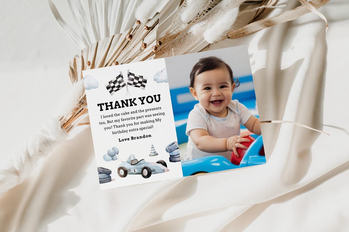 Fast One Birthday Printable Thank You Card, Vintage Race Car Party ...