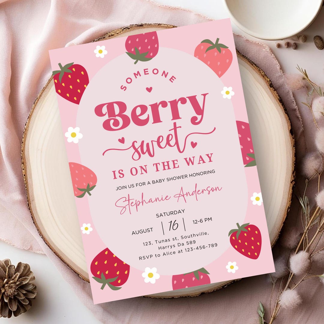 Strawberry Baby Shower Invitation, Blush Pink Berry Theme (canva ...
