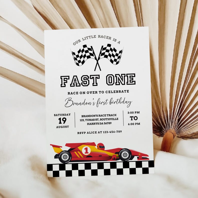 Fast One Birthday Invitation, Printable Race Car Birthday Invite ...