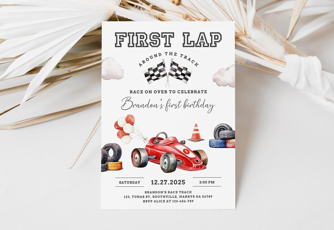 Race Car First Birthday Invitation, First Lap Around the Track Invite ...