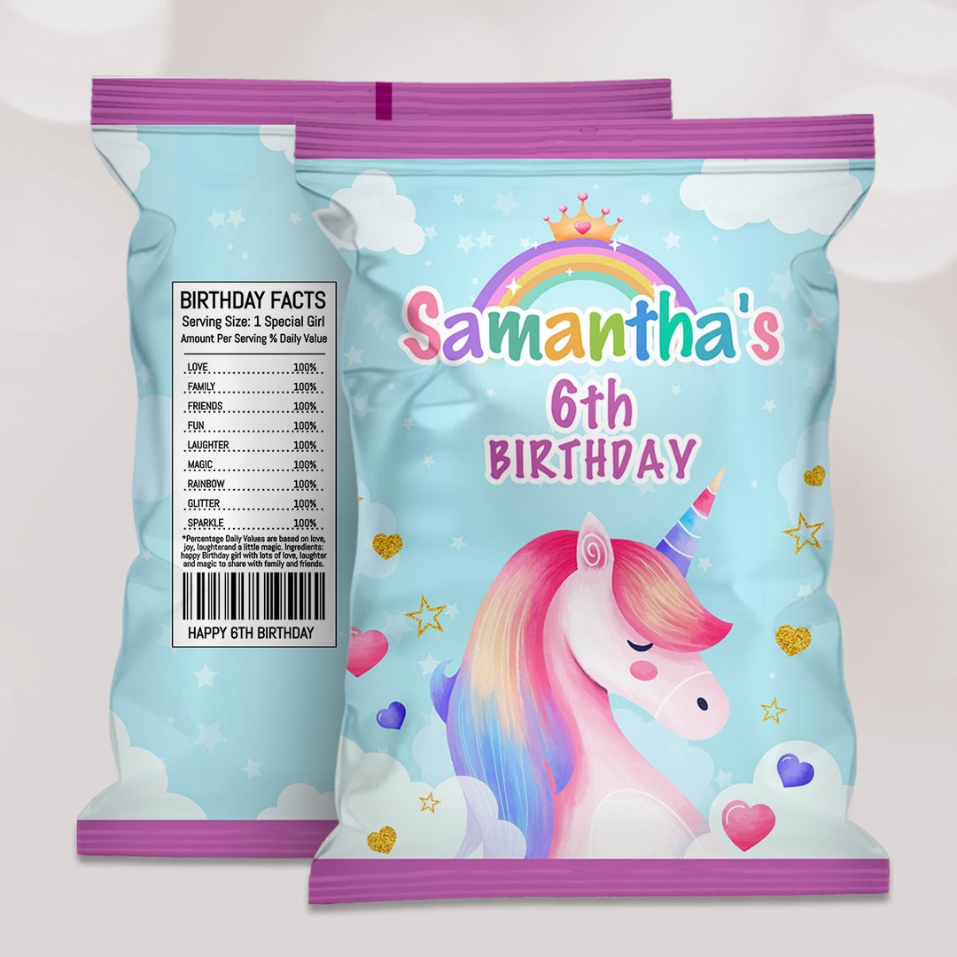 Editable Unicorn Chip Bag Label, Rainbow Unicorn Labels, Gold Glitter ...