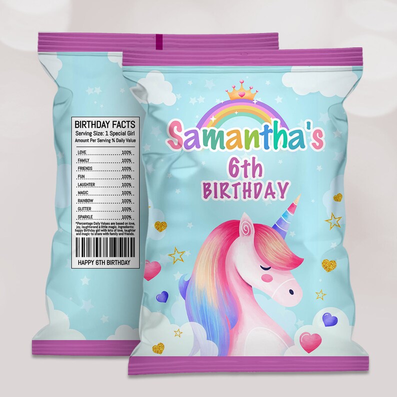 Editable Unicorn Chip Bag Label, Rainbow Glitter Design (digital ...