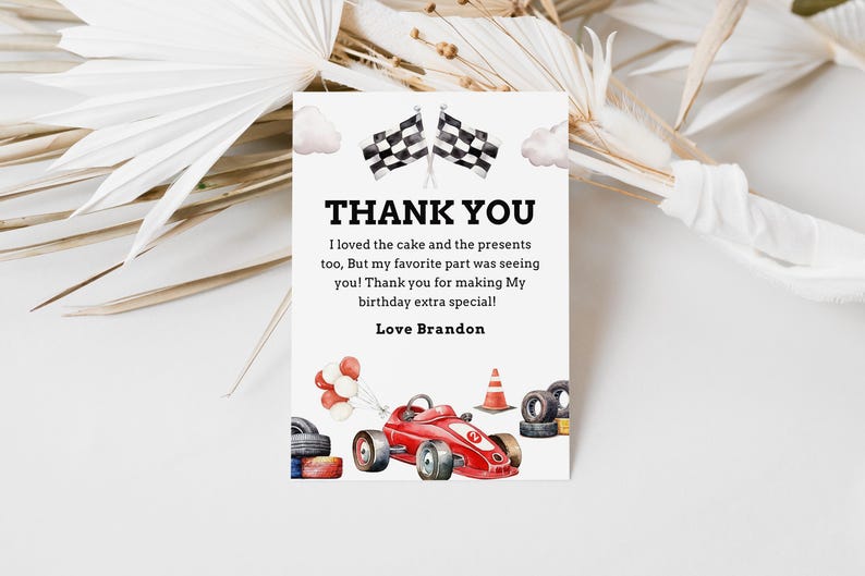 Race Car Birthday Thank You Card, Editable Template (instant Download ...