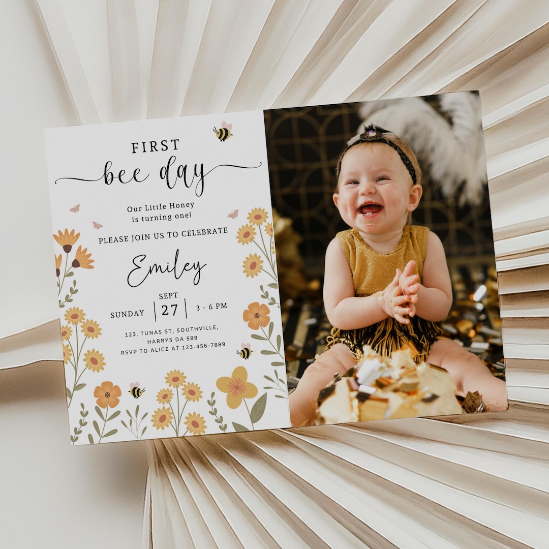 First Bee Day Birthday Invitation Photo I Editable 1st Birthday Honey ...