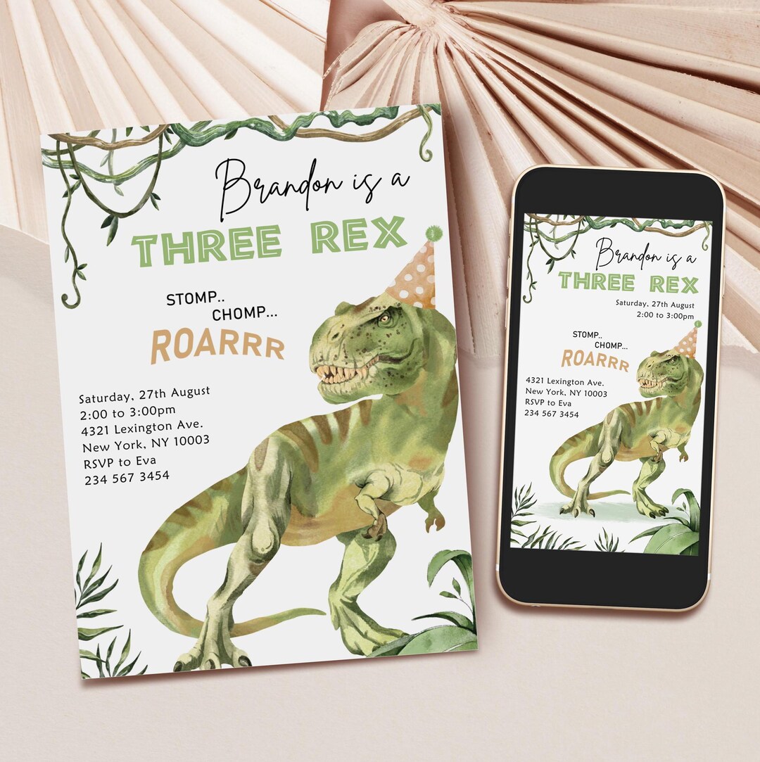 T-rex 3rd Birthday Invitation Three Rex Invitation Three Rex Birthday ...