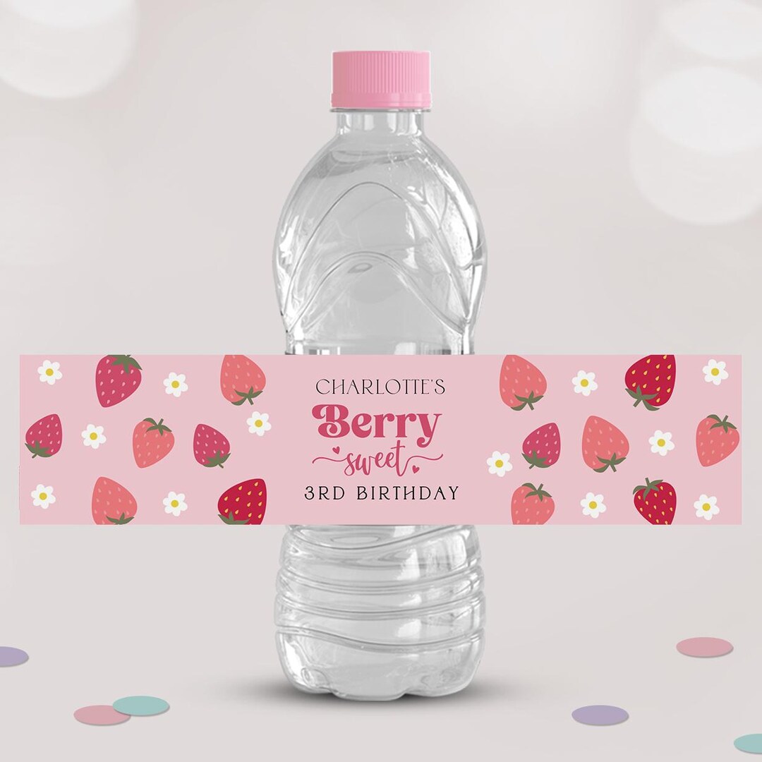 Berry First Birthday Water Bottle Labels, Editable Personalized ...