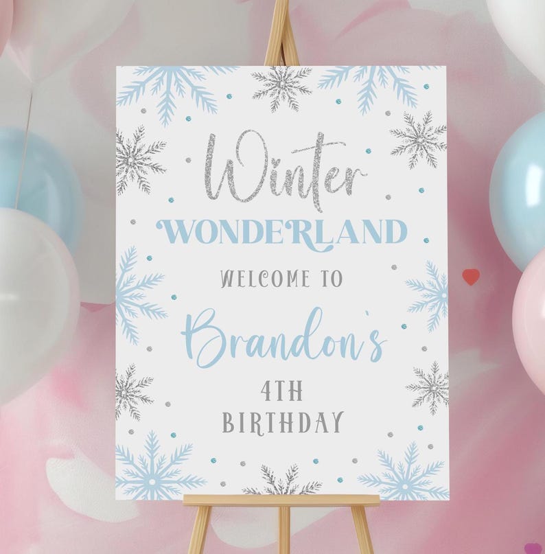 Editable Winter Wonderland Welcome Sign Snowflakes Blue and Silver ...