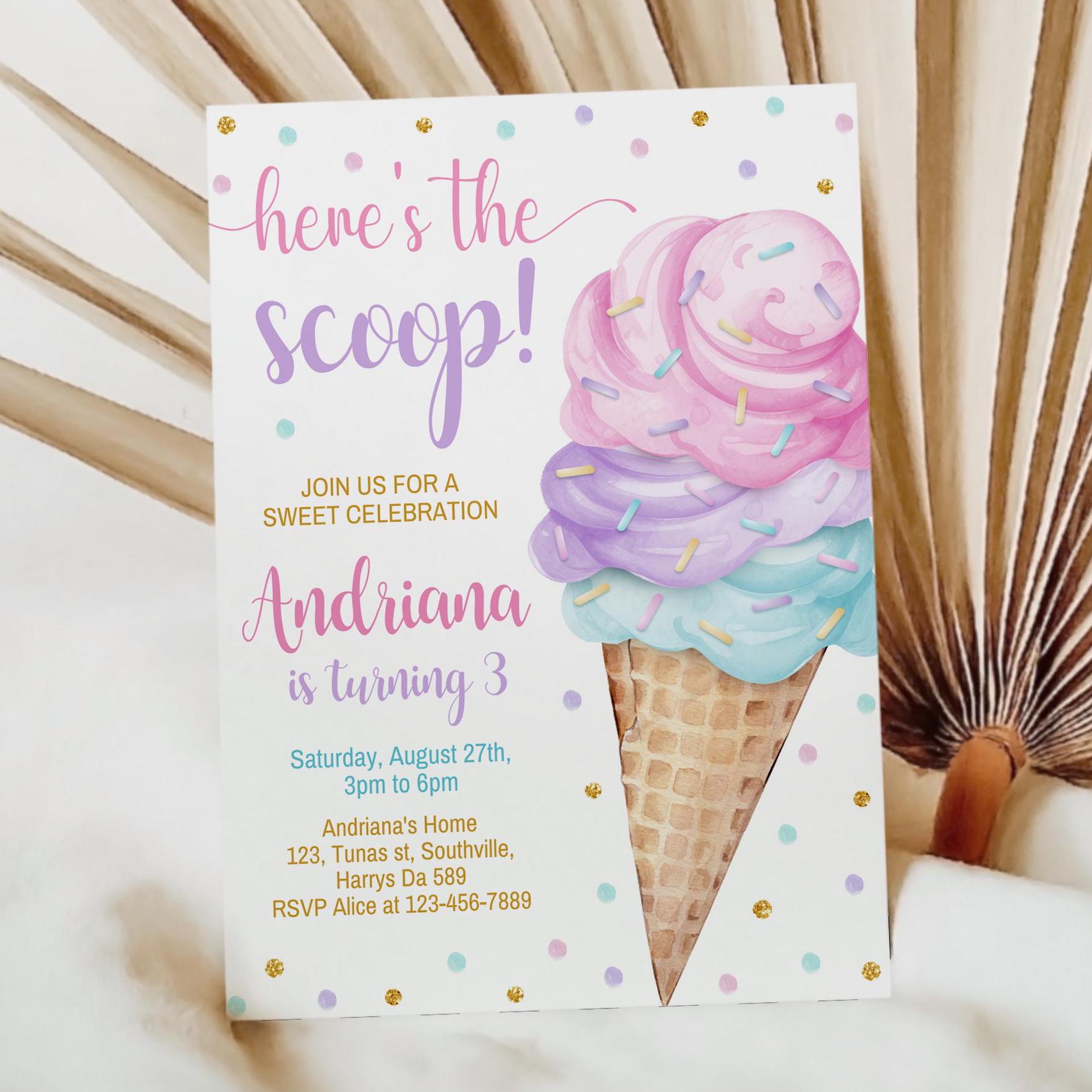 Pastel Ice Cream Birthday Invitation, Pastel 3rd Birthday Invite, Ice ...