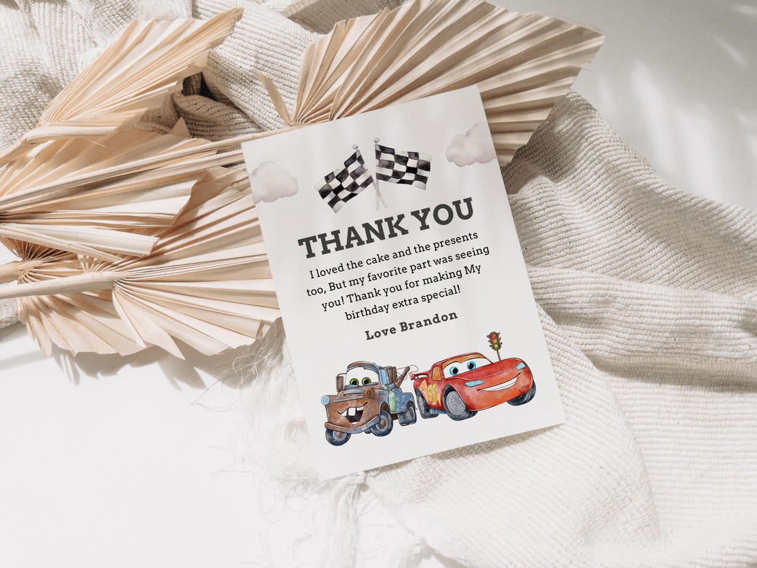 Cars Birthday Thank You Card for Any Age, Thank You Note, Lightning ...