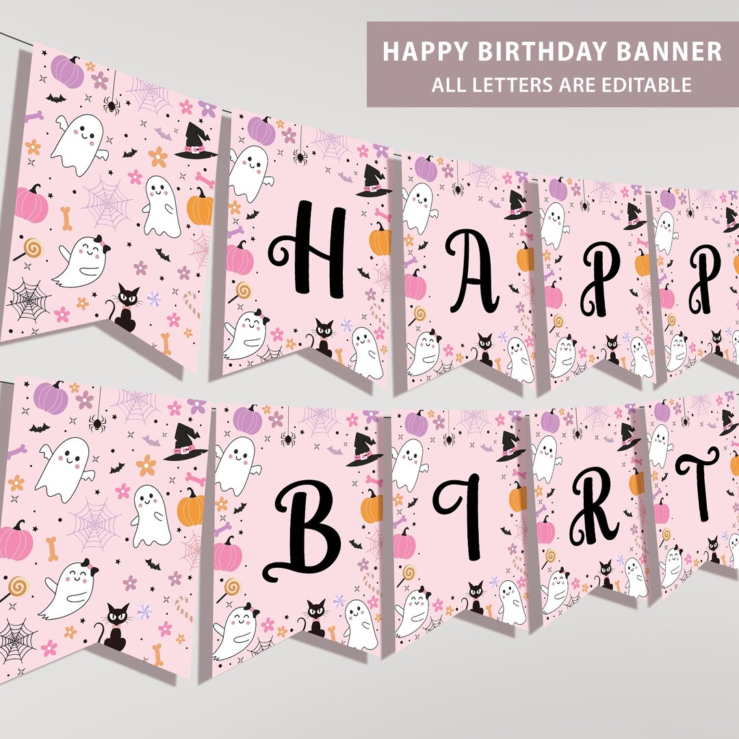 Happy Birthday Banner Halloween Birthday Banner Pink Ghost Birthday ...
