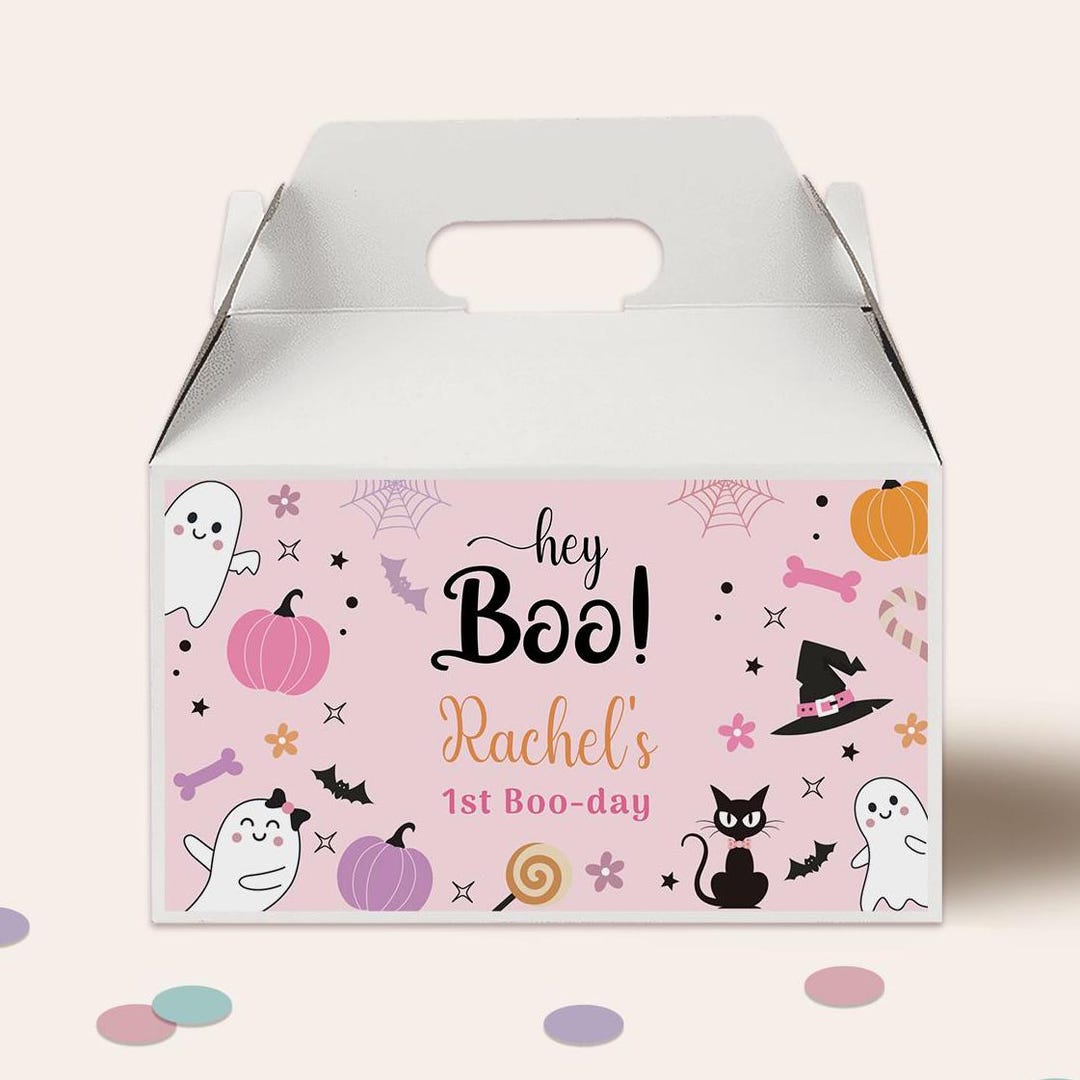 Editable Pink Halloween Gable Box Favor Label Halloween Ghost Gift Box ...