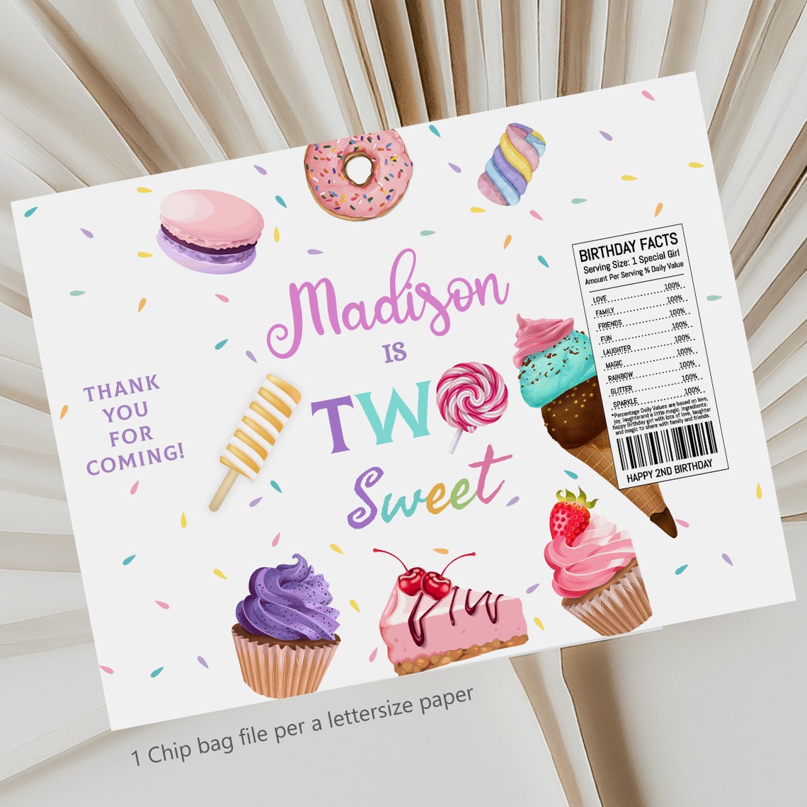 Two Sweet Birthday Chip Bag Pastel Sweets Party Donut Candy Ice Cream ...