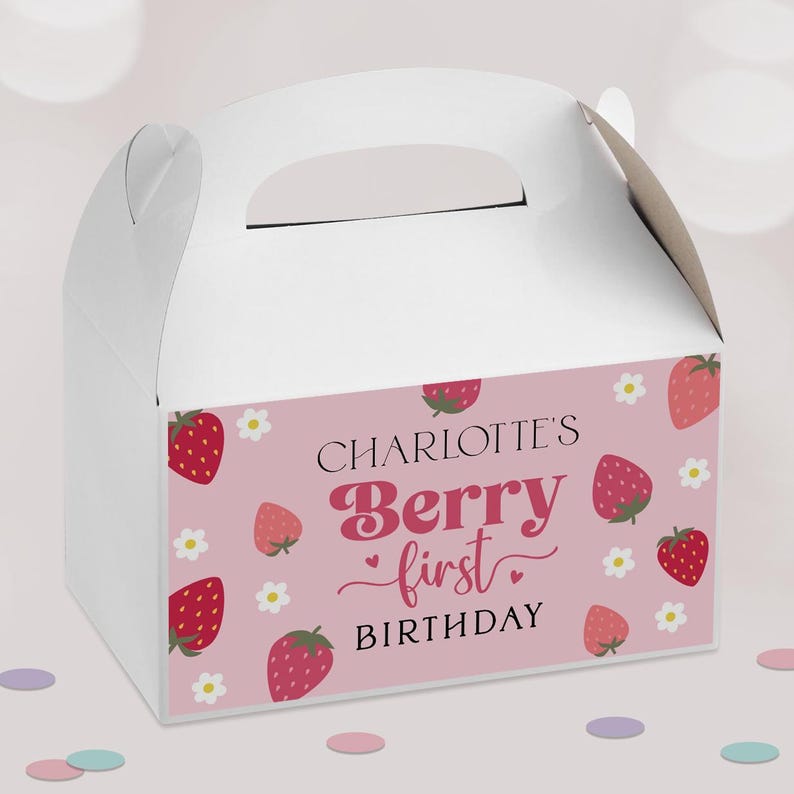 Editable Berry First Birthday Gable Box Labels, Strawberry Gable Box ...
