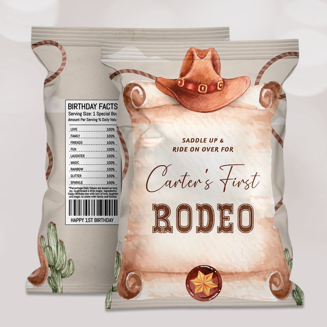 Cowboy Birthday Party Chip Bag, Template Printable, 1st Rodeo Chip Bag ...