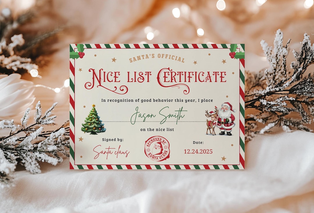 EDITABLE Nice List Certificate Printable Santa's Official Document Girl ...