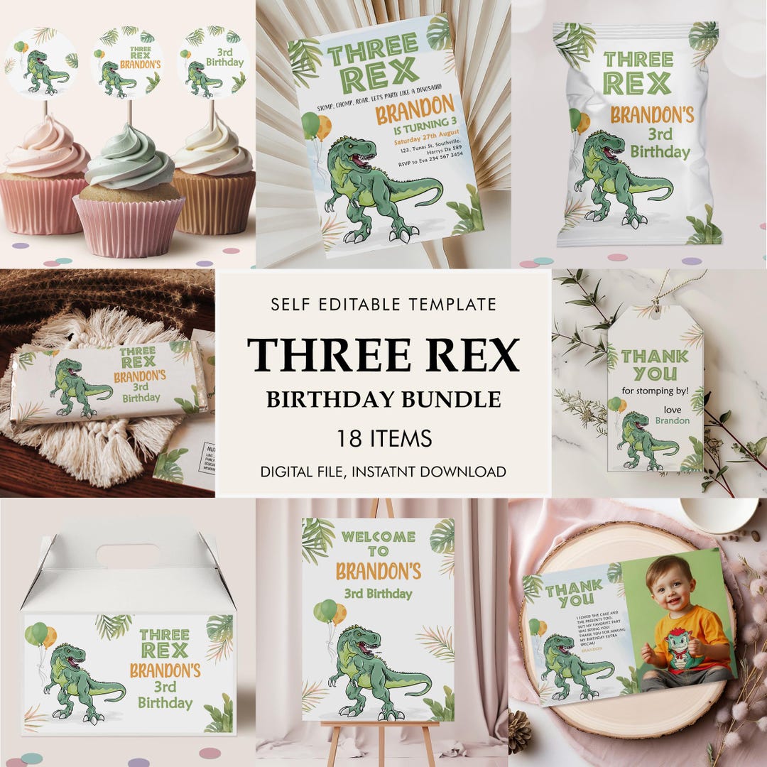Three-rex Birthday Bundle, Dinosaur Birthday Bundle, Printable Dinosaur ...