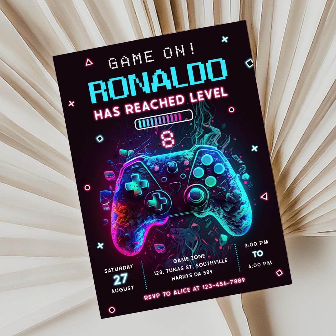 Editable Video Game Birthday Invitation, Video Game Invitation, Neon ...