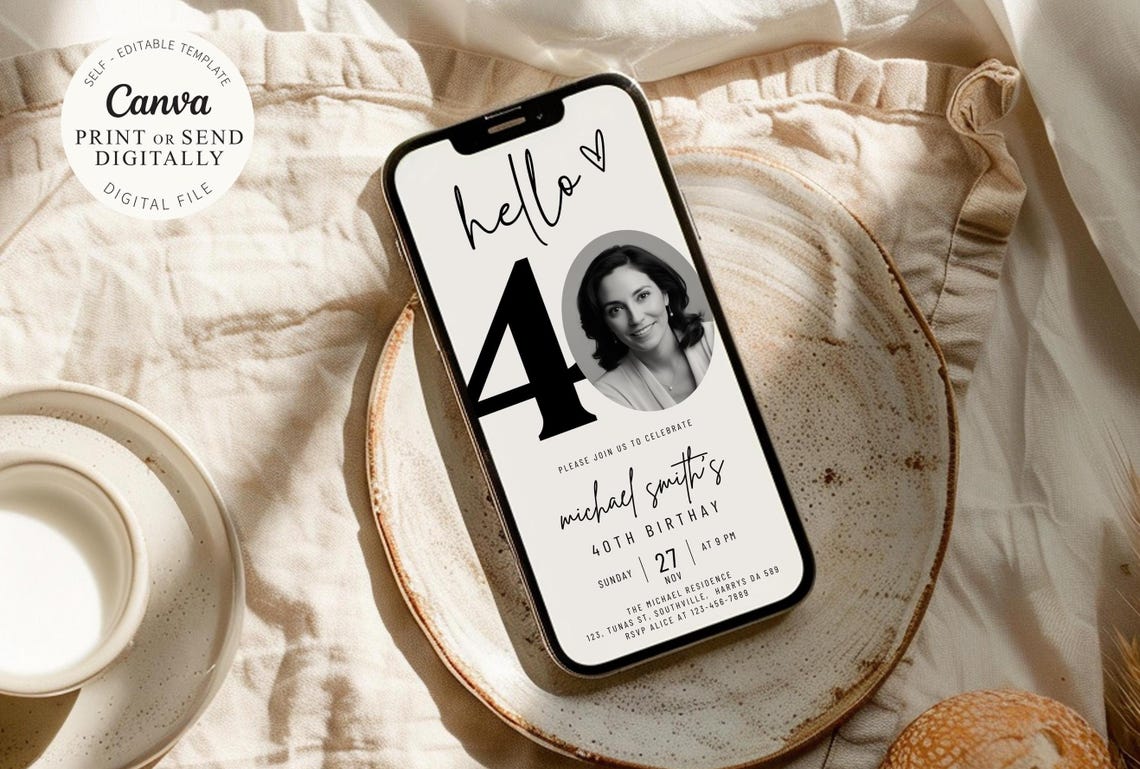 Editable Hello 40th Birthday Invitation, Digital Download, for Men or ...