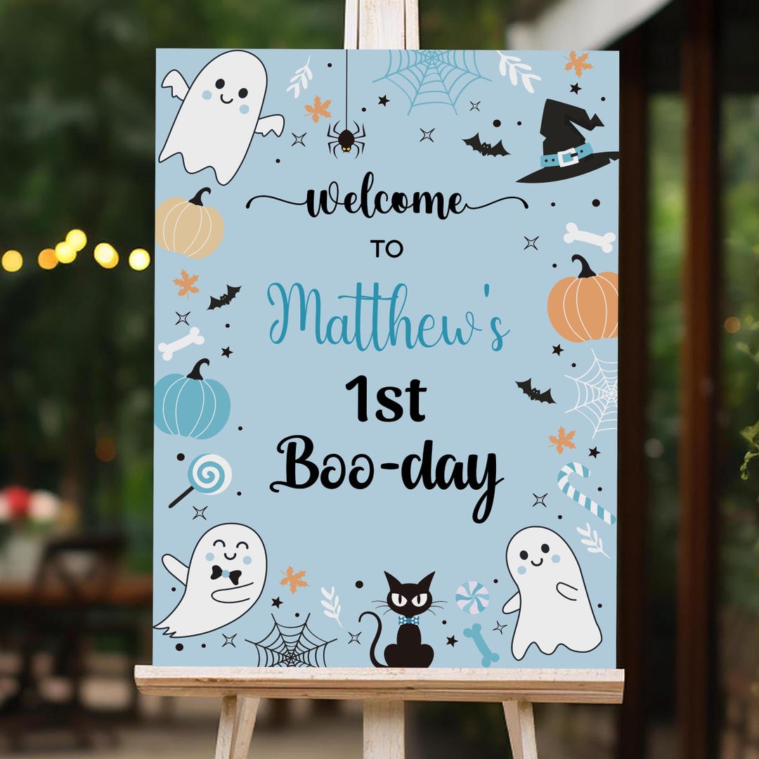 Editable Blue Halloween Ghost Welcome Sign Spooky Party Sign ...