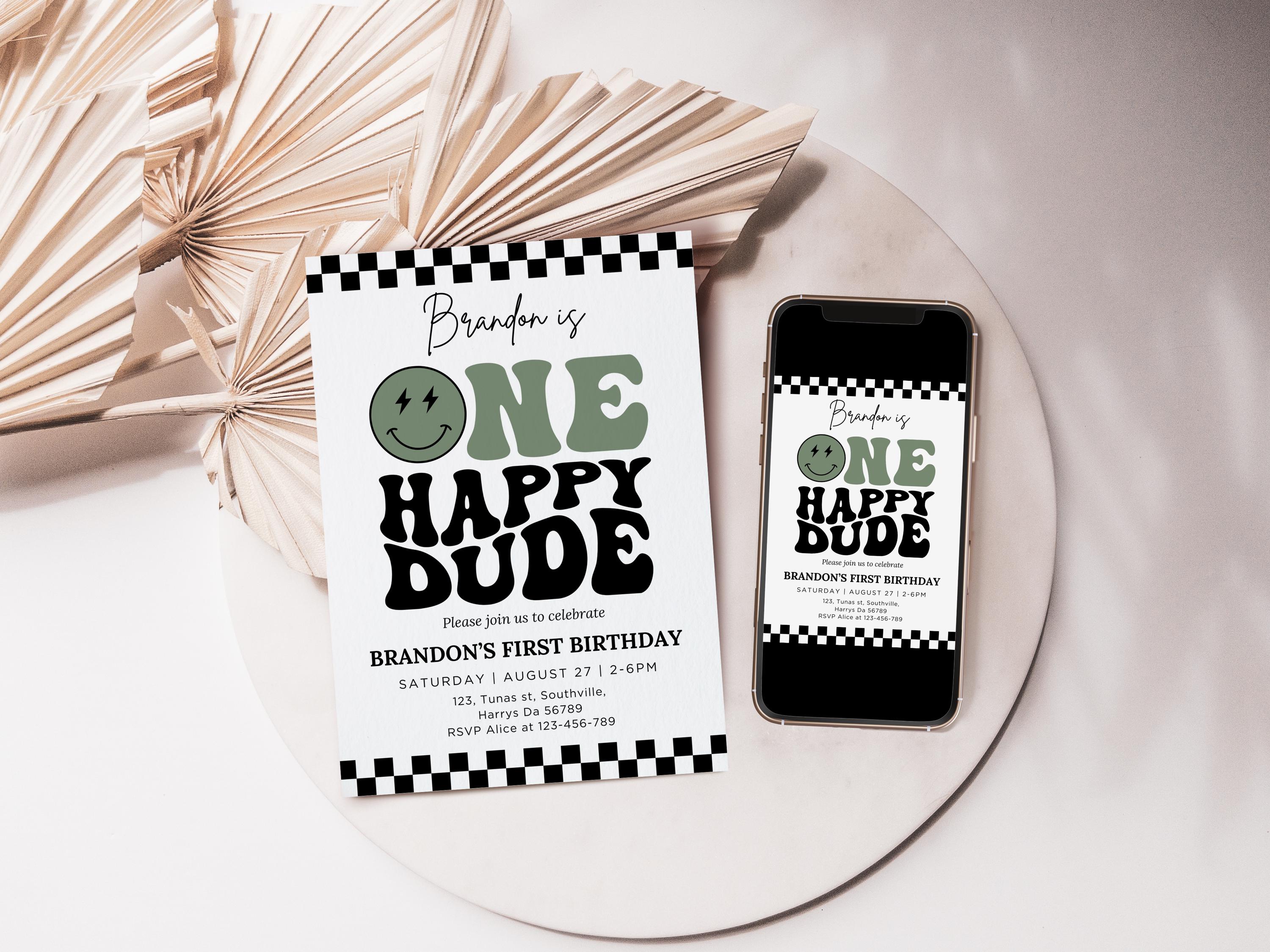 Retro One Happy Dude First Birthday Invitation Template (printable ...