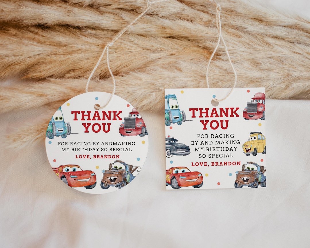 Editable Cars Birthday Party Thank You Tag Cars Lightning Birthday Gift ...