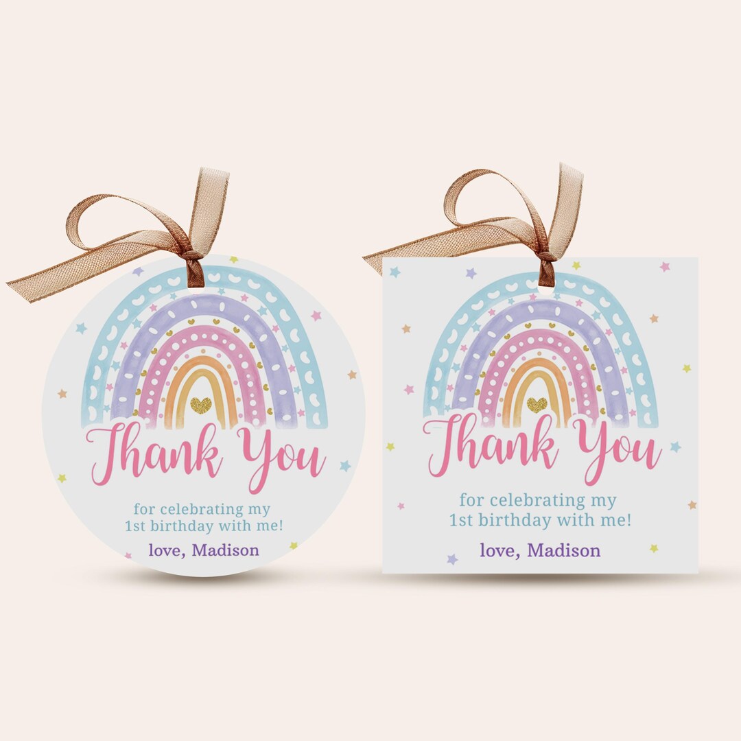 Rainbow Birthday Thank You Tag Pastel Rainbow Party Gift Tag Rainbow ...