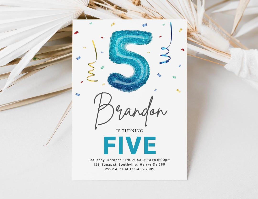 Boy 5th Birthday Invitation, Confetti Balloon, Editable Canva Template ...