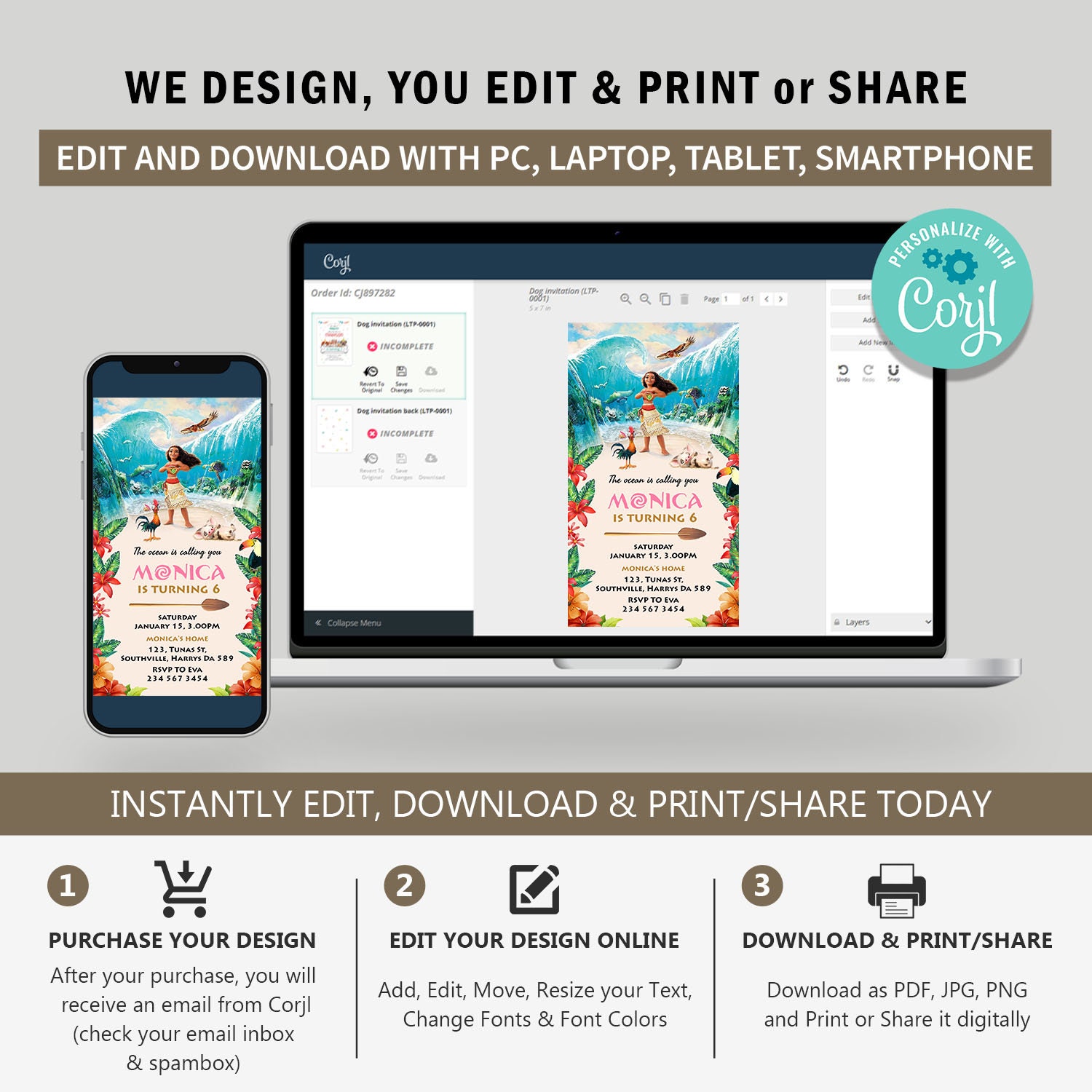 Moana Birthday Invitation, Digital Editable Hawaiian Moana Birthday ...