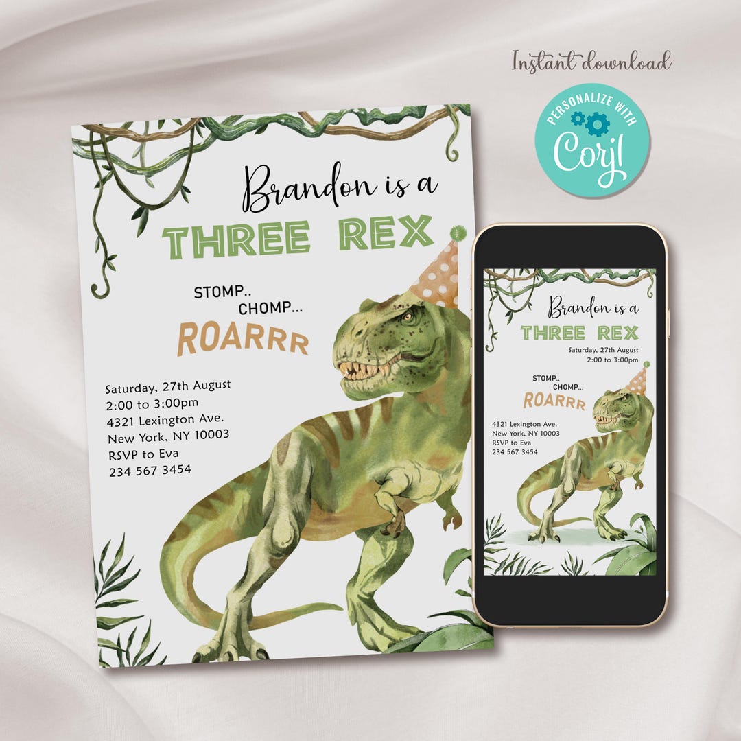T-rex 3rd Birthday Invitation Three Rex Invitation Three Rex Birthday ...