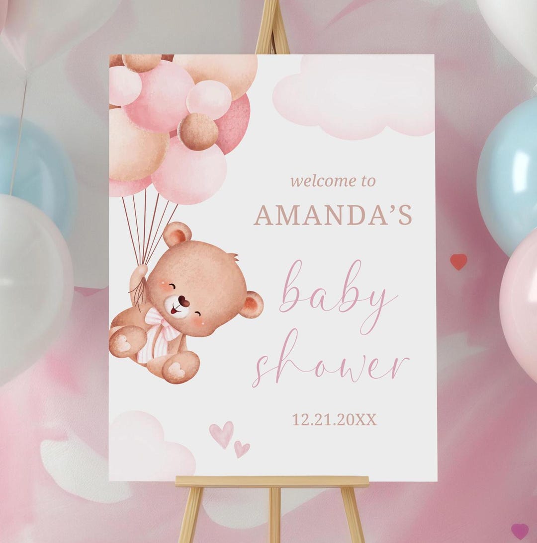 Bear Balloon Welcome Sign, Pink Bear Balloon Baby Shower Sign, Editable ...