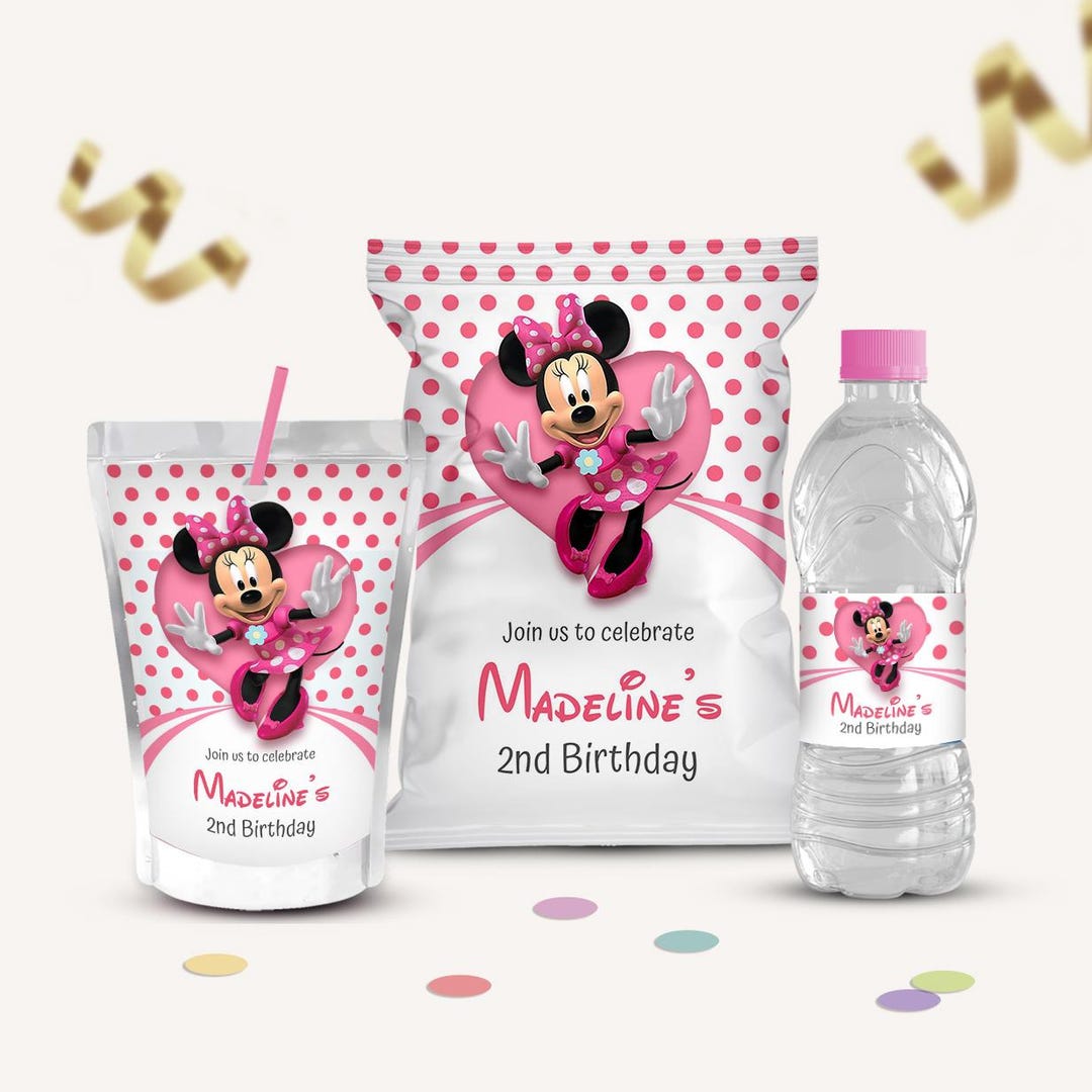Minnie Mouse Party Package, Chip Bag, Water Bottle, Juice Pouch, Minnie ...