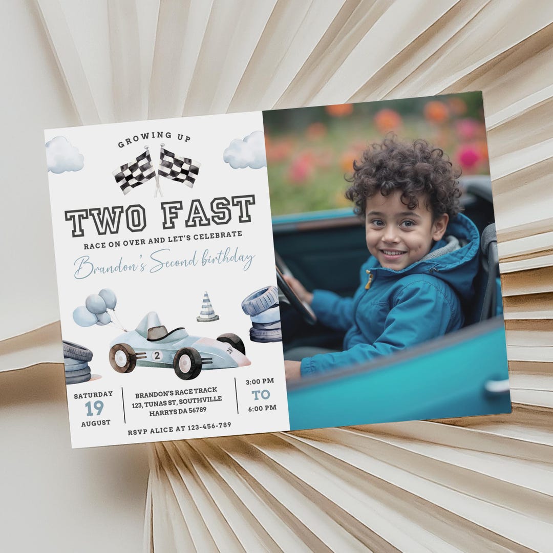 Two Fast Birthday Invitation With Photo, Vintage Race Car (digital ...