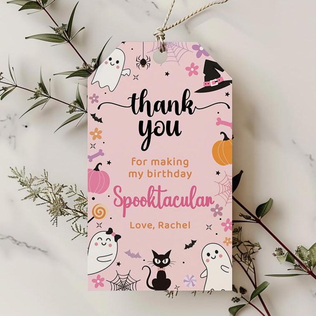 Halloween Birthday Thank You Tag Template, Spooky Cute Party Tags, Girl ...