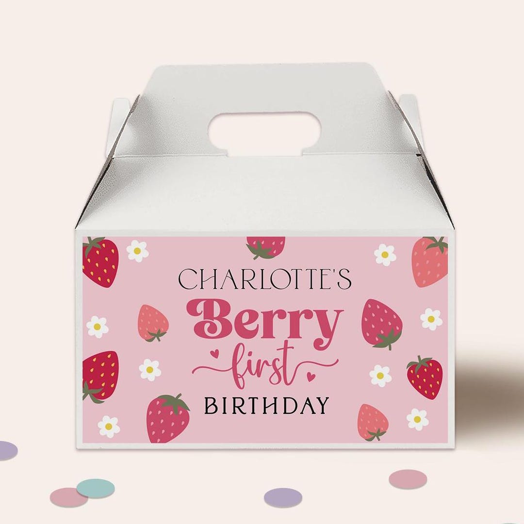 Editable Berry First Birthday Gable Box Labels, Strawberry Gable Box ...