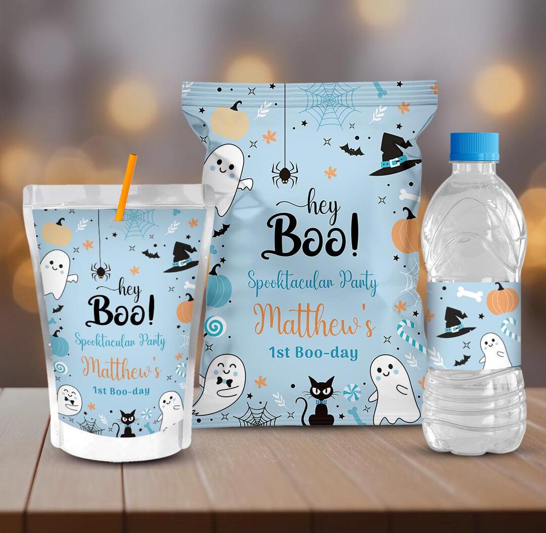 Editable Blue Halloween Birthday Favor Label Hey Boo Blue Ghost Chip ...