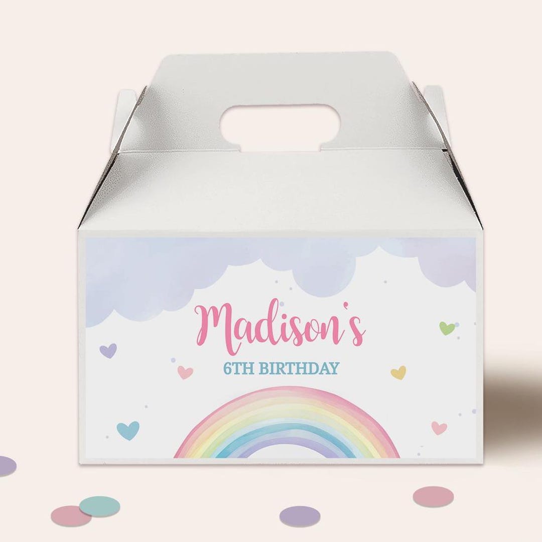 Rainbow Birthday Gable Box Label Colorful Pastel Rainbow Party Gift Box ...
