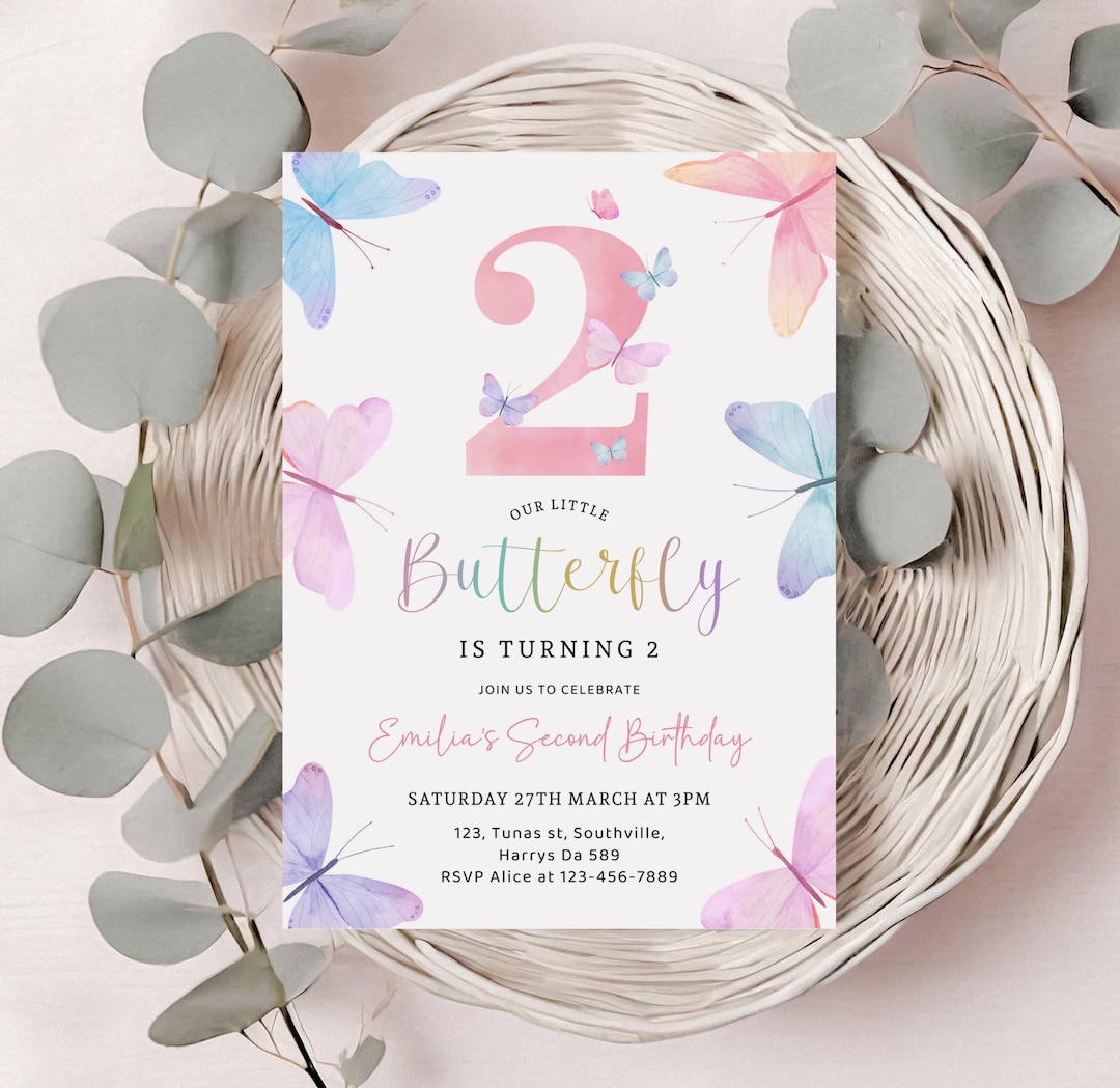 Editable Butterfly Birthday Invitation, 2nd Birthday, Pink Purple Blue ...