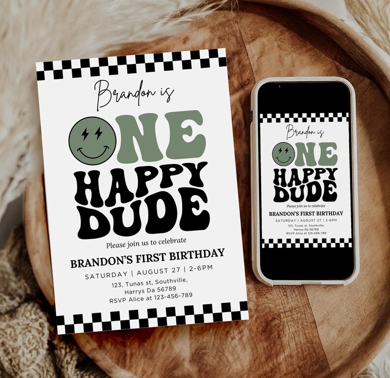 Retro One Happy Dude First Birthday Invitation Template (printable ...