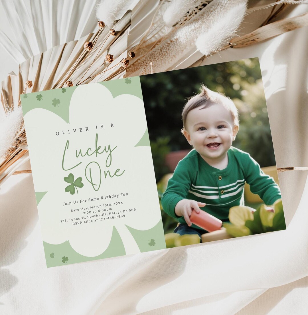 Lucky One First Birthday Invitation Photo St Patrick's Day Shamrocks ...