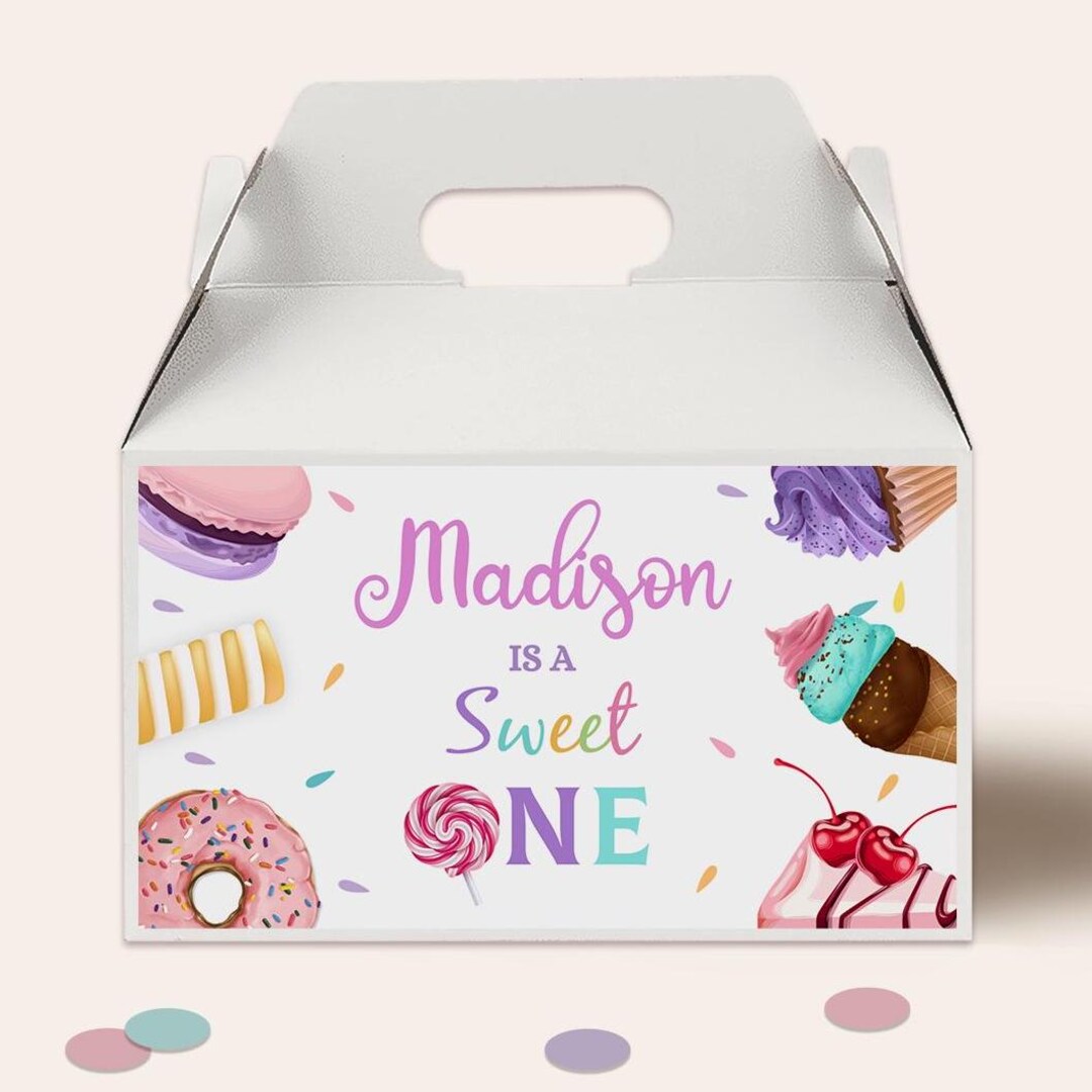 Sweet One 1st Birthday Gable Box Label, Ice Cream Donut Candy (editable ...