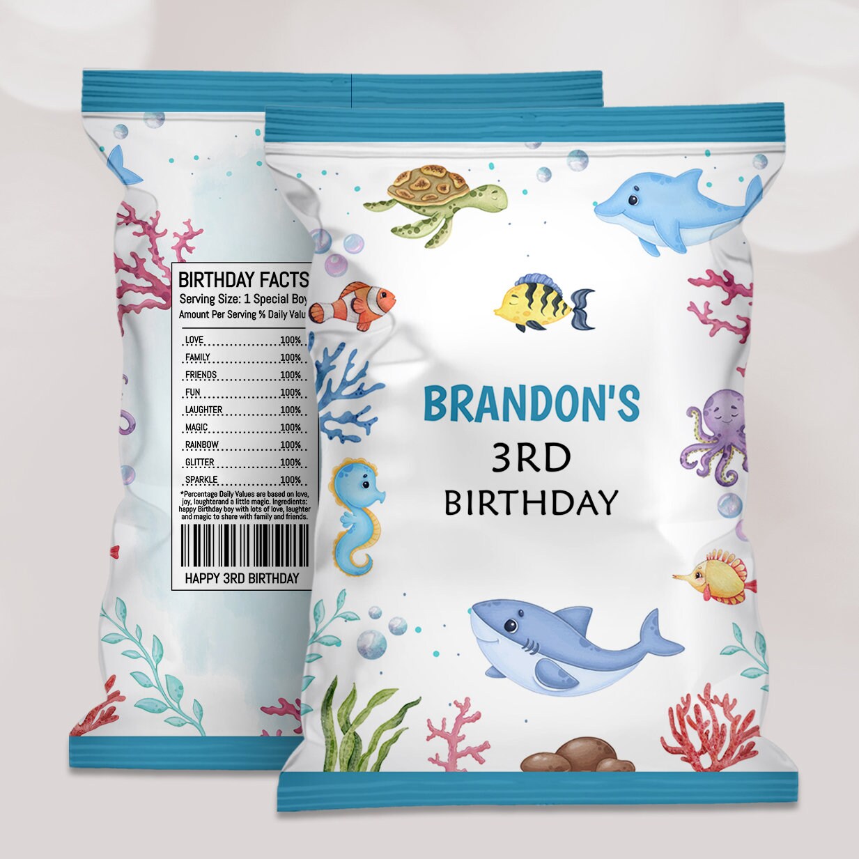 Ocean Birthday Chip Bag Wrapper, Sea Animals Party Favors (digital ...