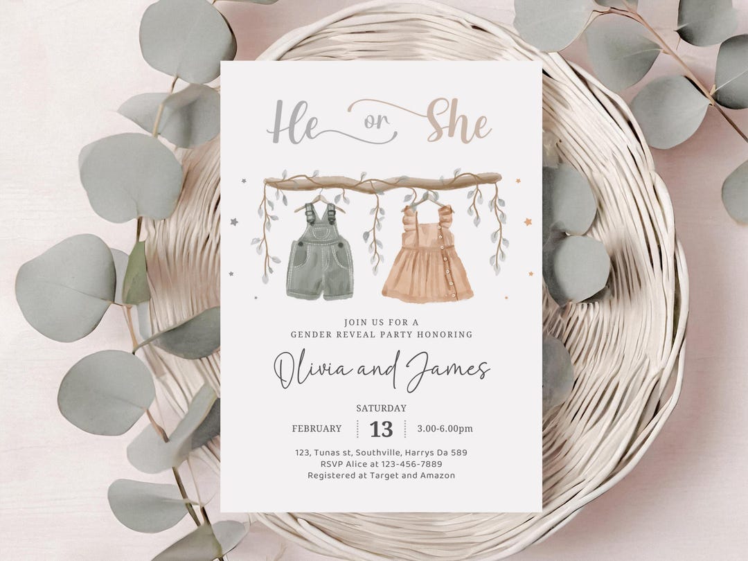 Boho Baby Clothes Gender Reveal Invitation (canva Editable, 5x7 ...