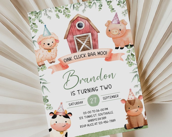 EDITABLE Farm Birthday Invitation, Barn Animals Party Invite Template ...