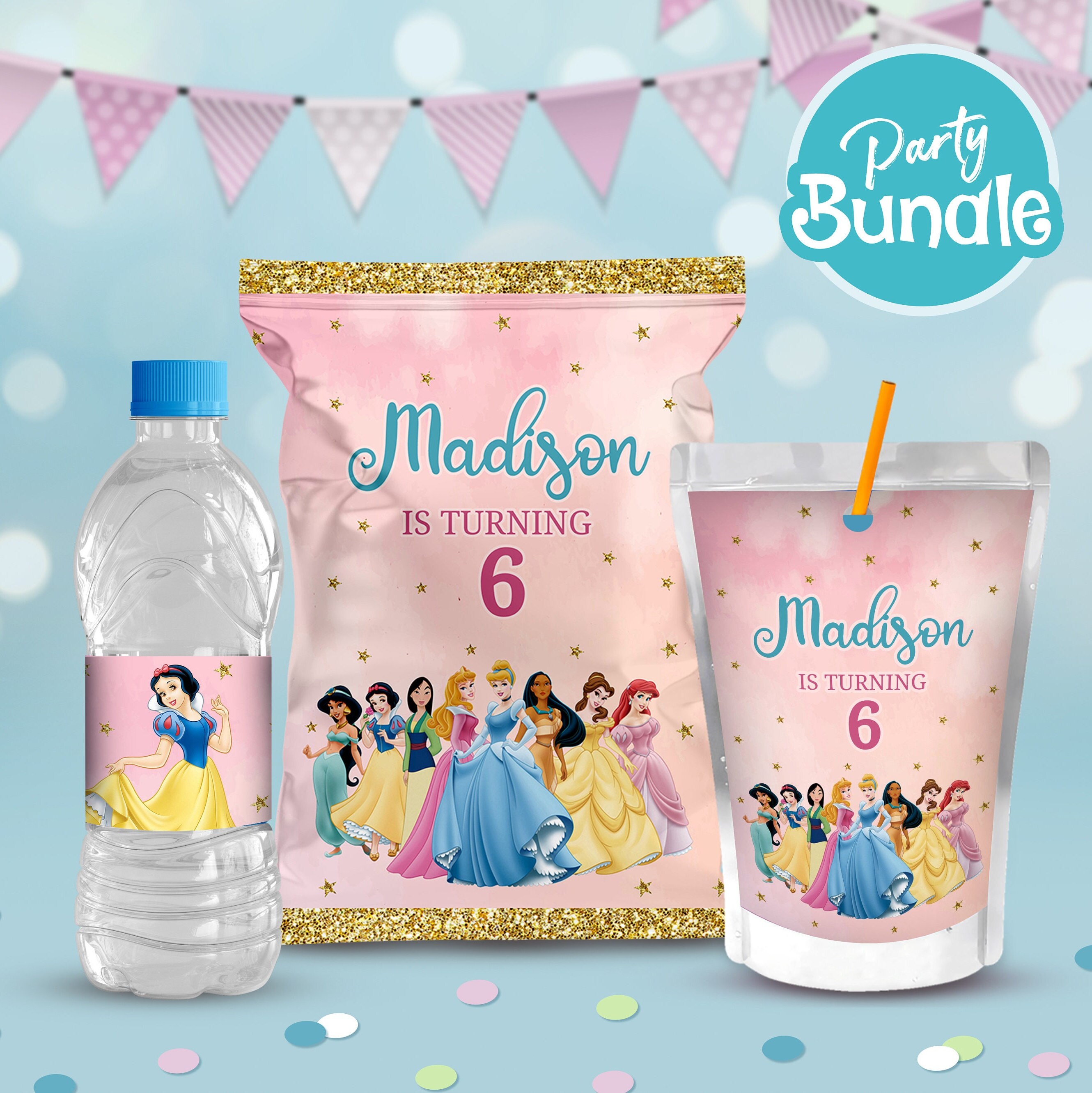 Princess Party Package, Chip Bag, Water Bottle, Juice Pouch, Princess ...