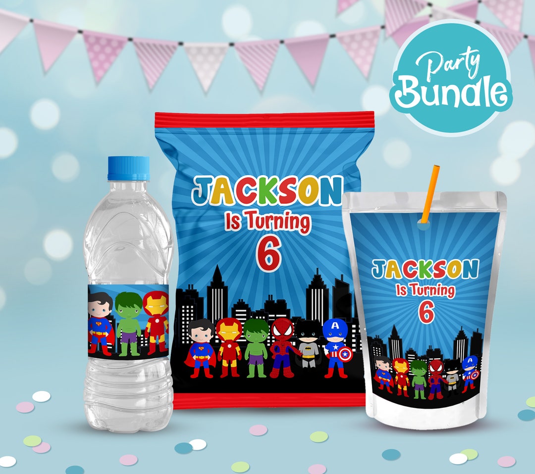 Superhero Party Package, Chip Bag, Water Bottle, Juice Pouch, Superhero ...