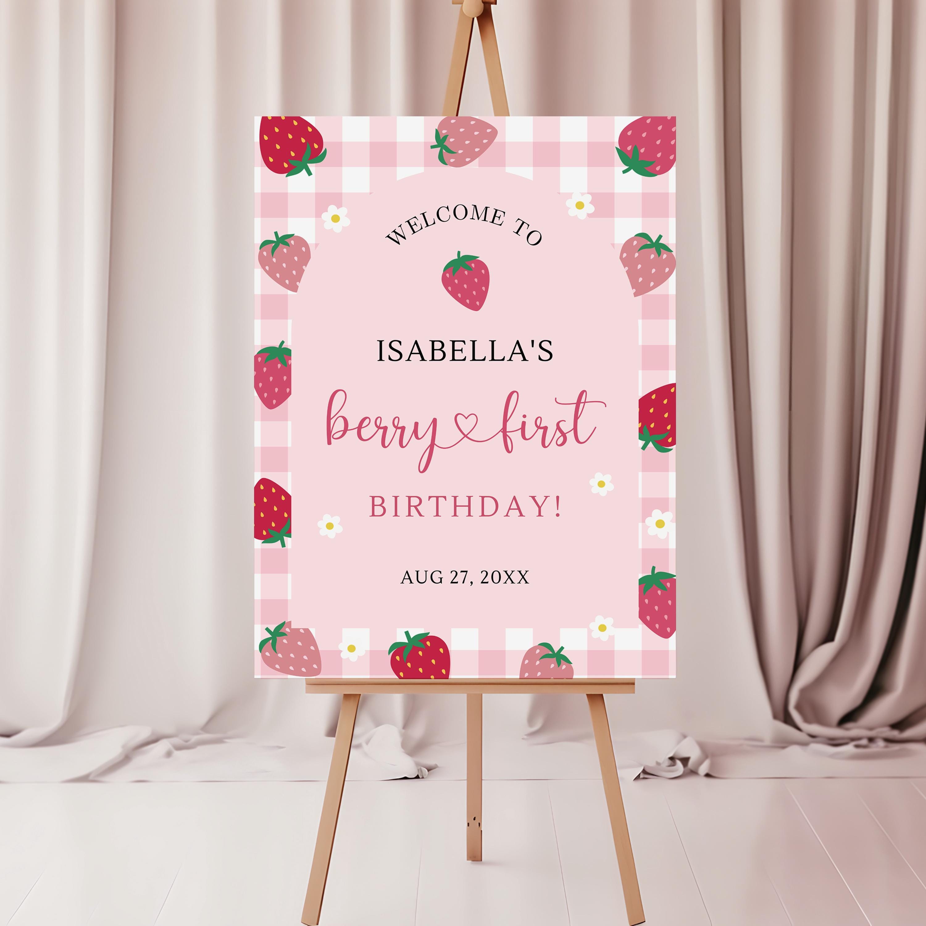 Strawberry 1st Birthday Welcome Sign, Berry Sweet Party (editable ...