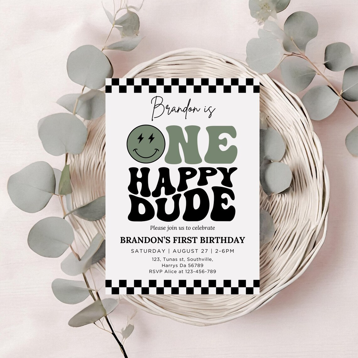 Retro One Happy Dude First Birthday Invitation Template (printable ...