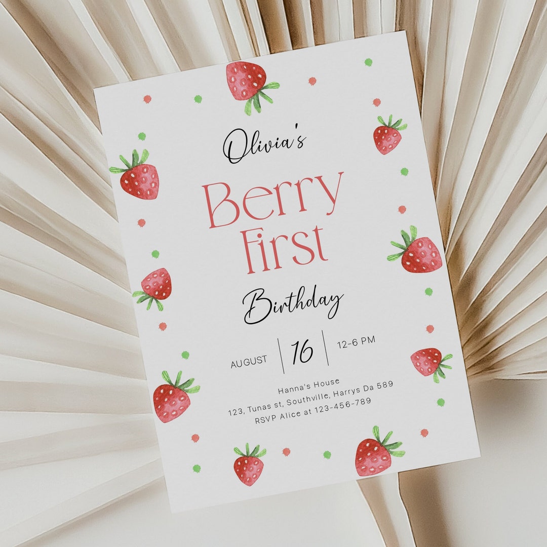 Berry First Birthday Invitation Modern Strawberry Invite Strawberry ...