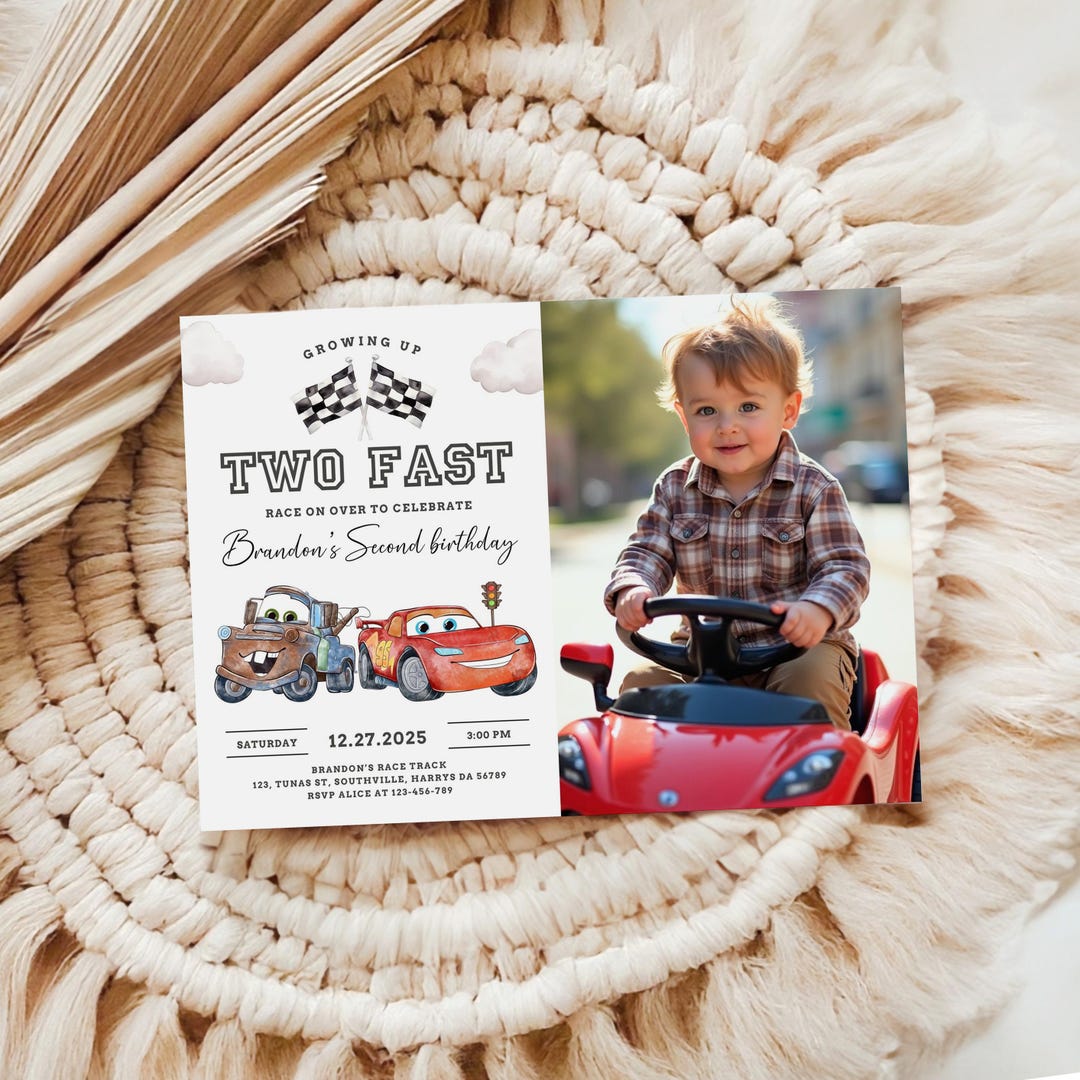 Editable Two Fast Birthday Invitation With Photo, Cars Lighting Mcqueen ...