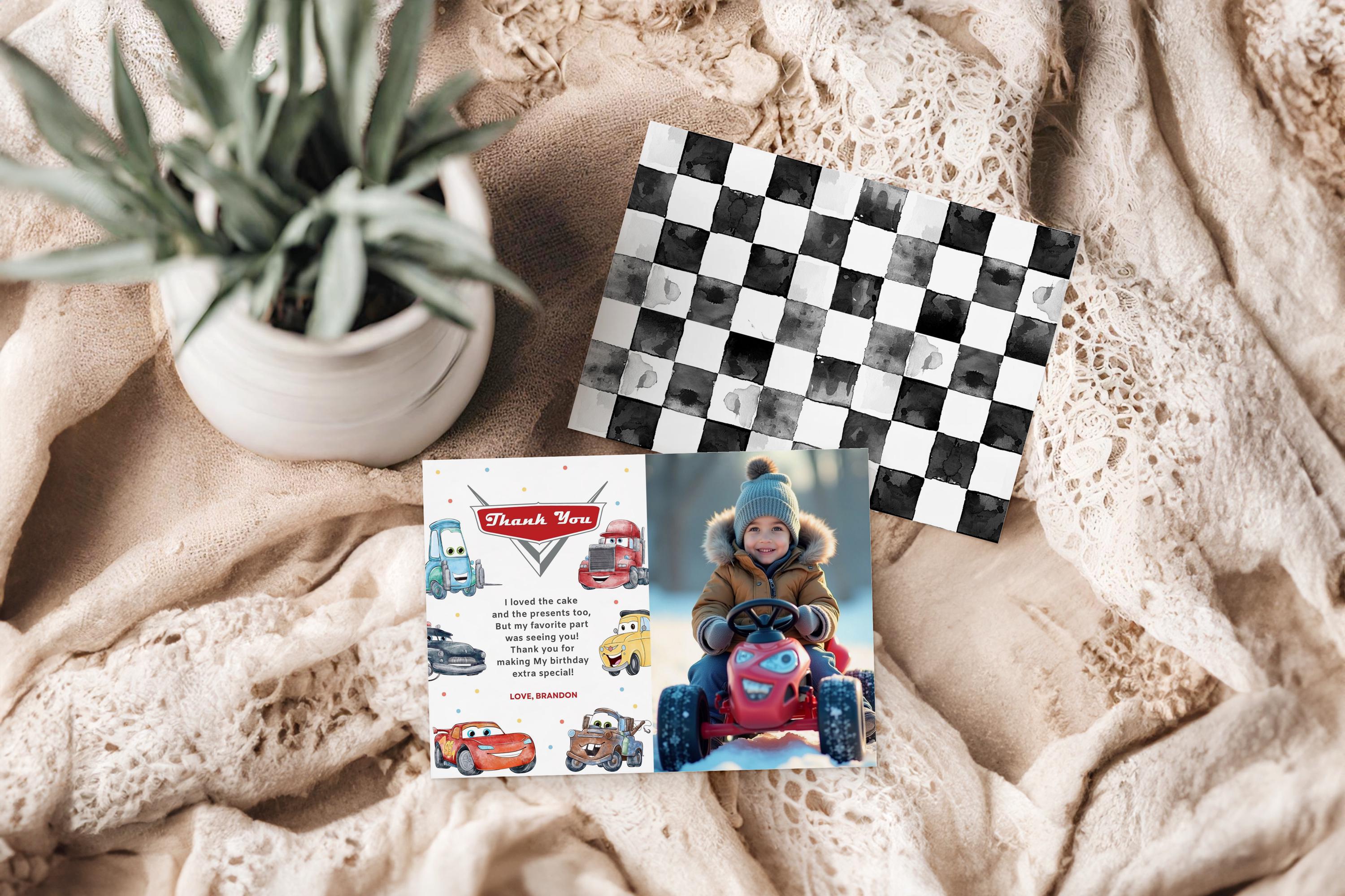 Cars Birthday Thank You Card With Photo Lightning Mcqueen Race Car ...